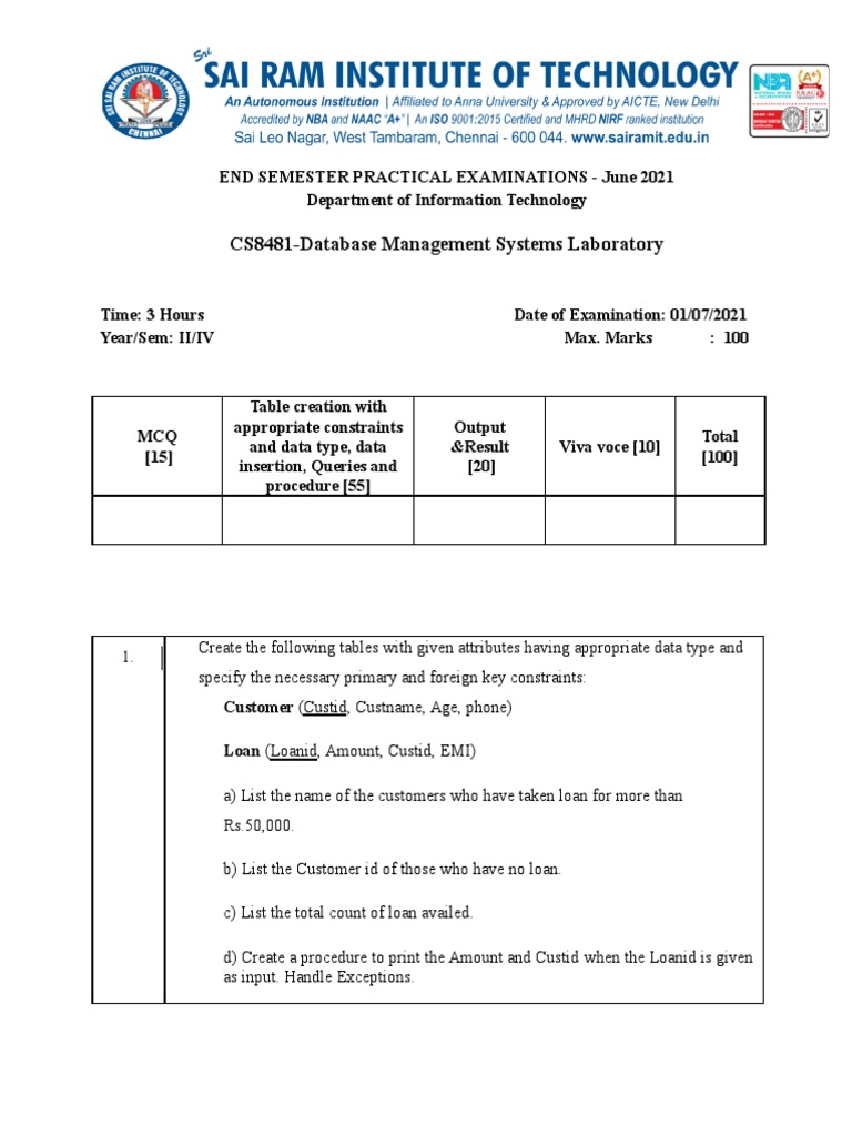DBMS Set 1 | PDF | Table (Database) | Pl/Sql
