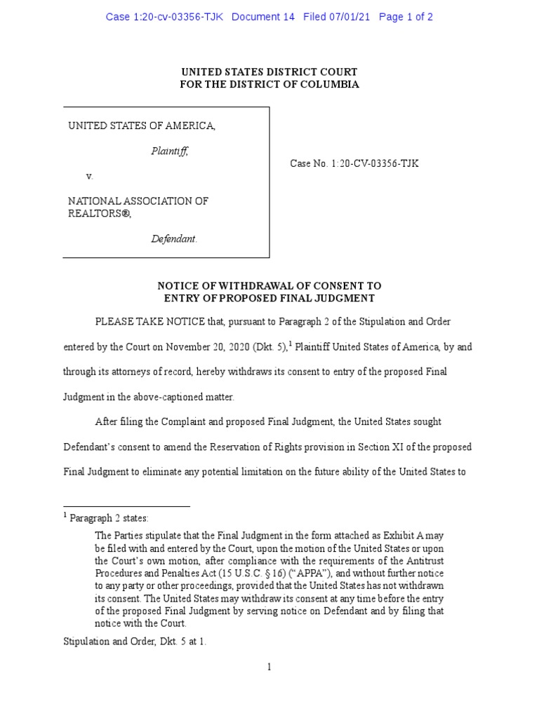 Notice of Withdrawal of Consent To Entry of Proposed Final Judgment ...