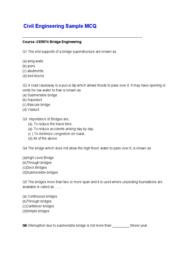Civil Engineering Sample MCQ | PDF | Surveying | Deep Foundation