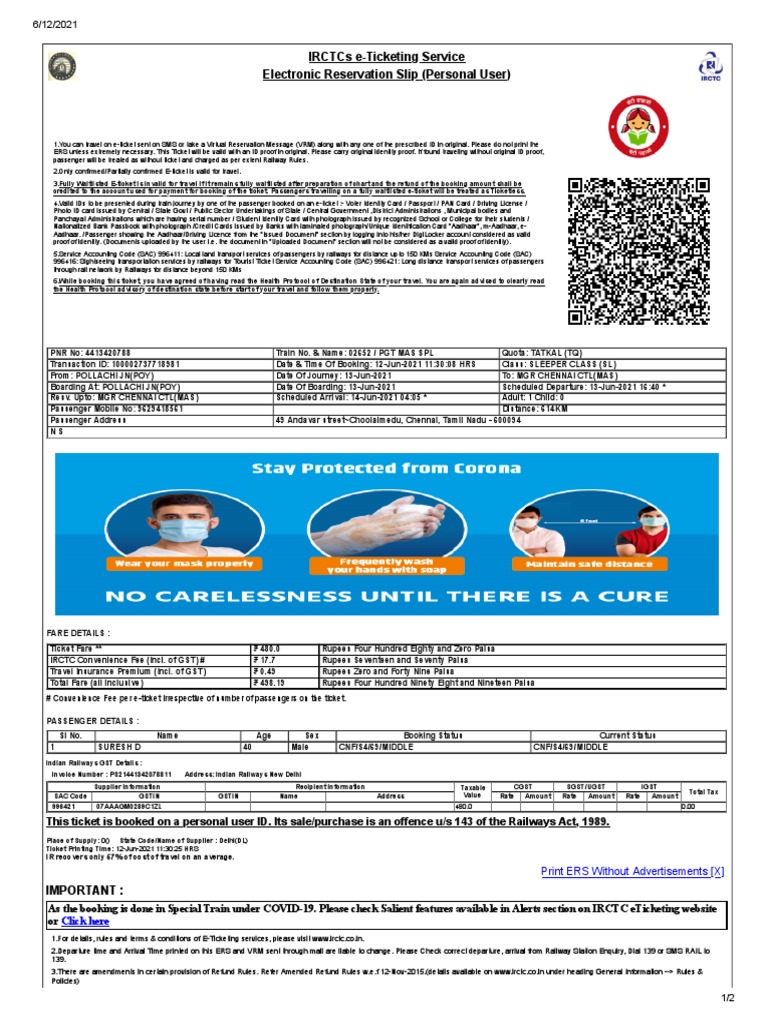 Electronic Reservation Slip for Travel on Train 02652 from Pollachi ...