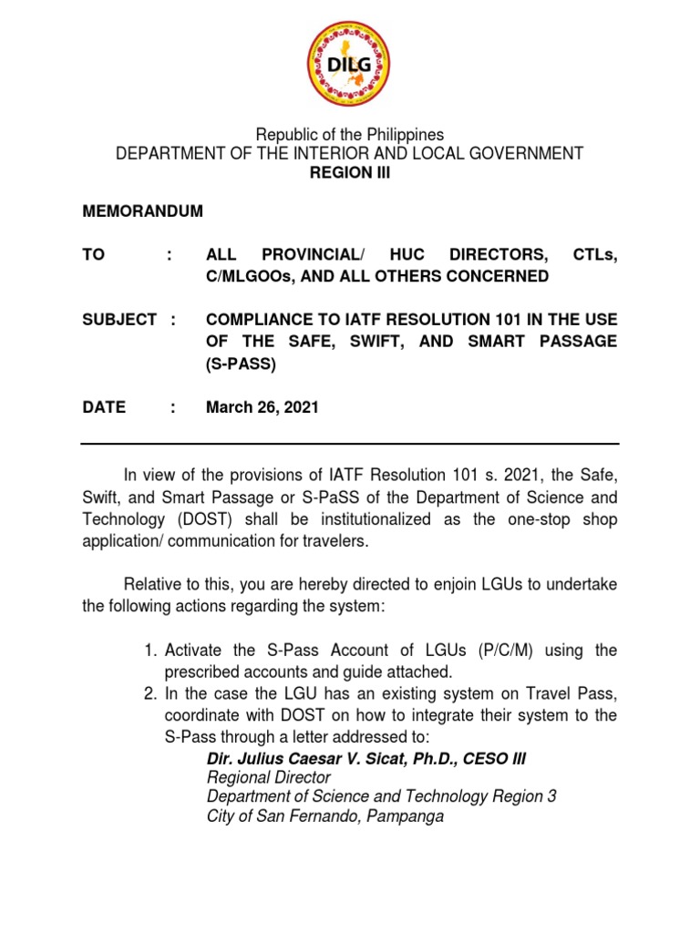 Compliance To Iatf Resolution 101 in The Use of The Safe, Swift, and ...