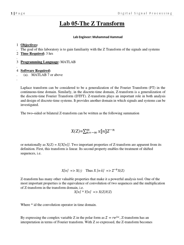 Lab 05-The Z Transform: Objectives: Time Required: 3 Hrs Programming ...