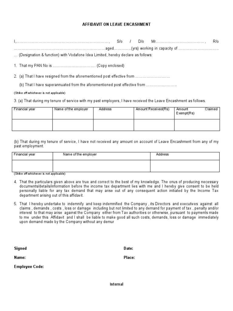 Leave Encashment Affidavit Template | PDF