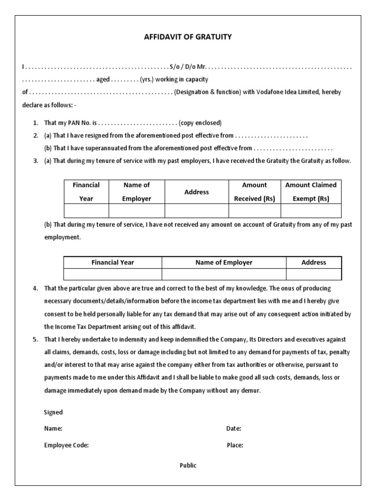 Gratuity Affidavit Format | PDF | Indemnity | Payroll