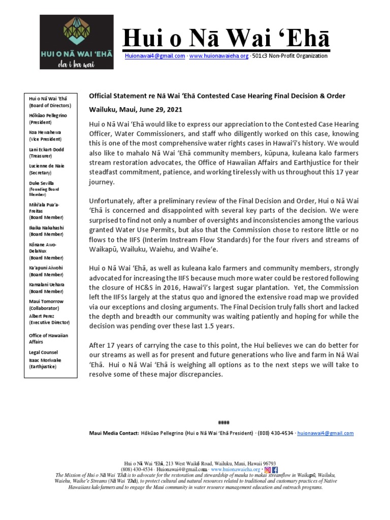 Hui o Nā Wai 'Ehā Official Statement Re CCH Final D&O 6-29-2021 | PDF | Hawaii | Maui