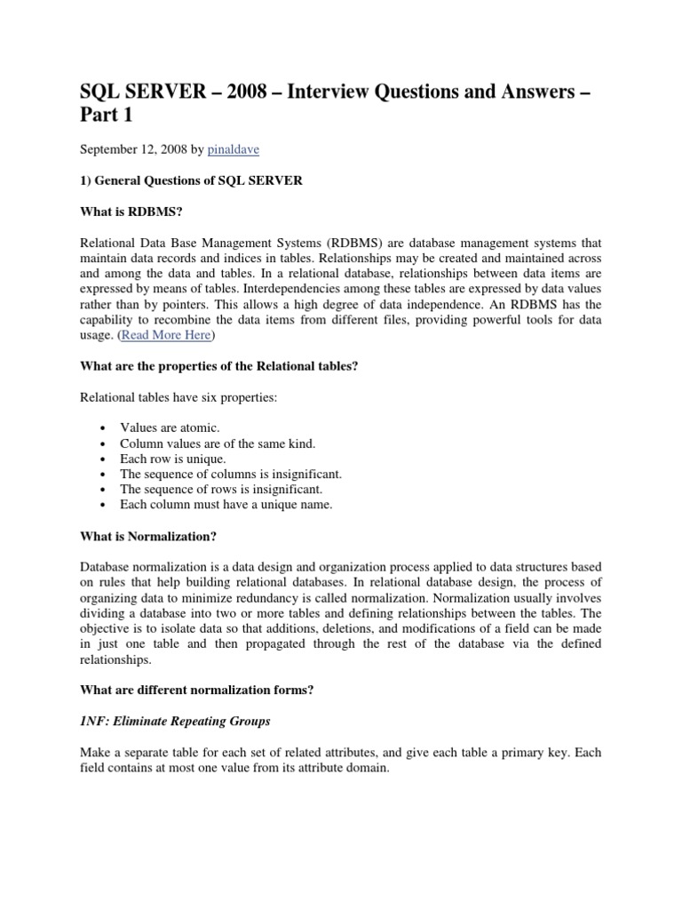 SQL SERVER - 2008 - Interview Questions and Answers - : Pinaldave | PDF ...