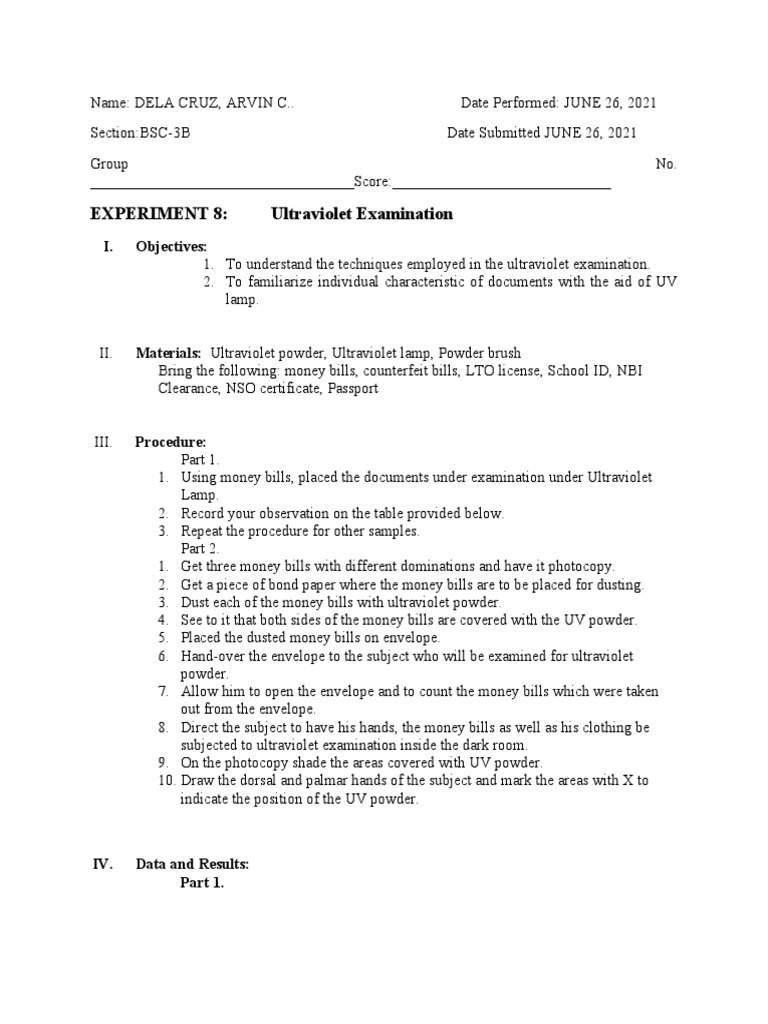 Experiment 8: Ultraviolet Examination: I. Objectives | PDF ...