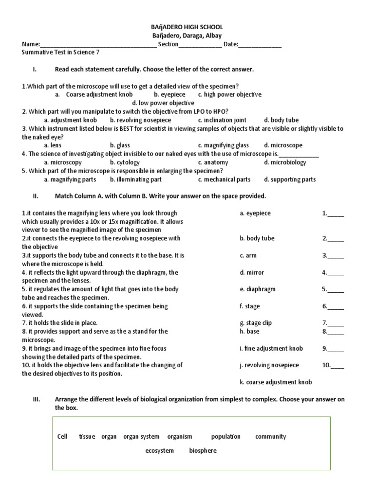 Grade 7 Microscope Quiz and Test | PDF | Microscope | Laboratory Equipment