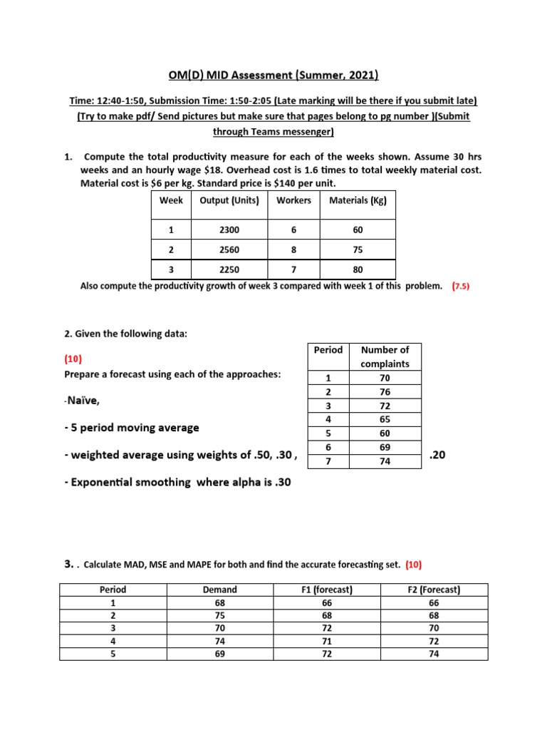 OM D Mid Assessment Summer 2021 | PDF | Forecasting | Inventory