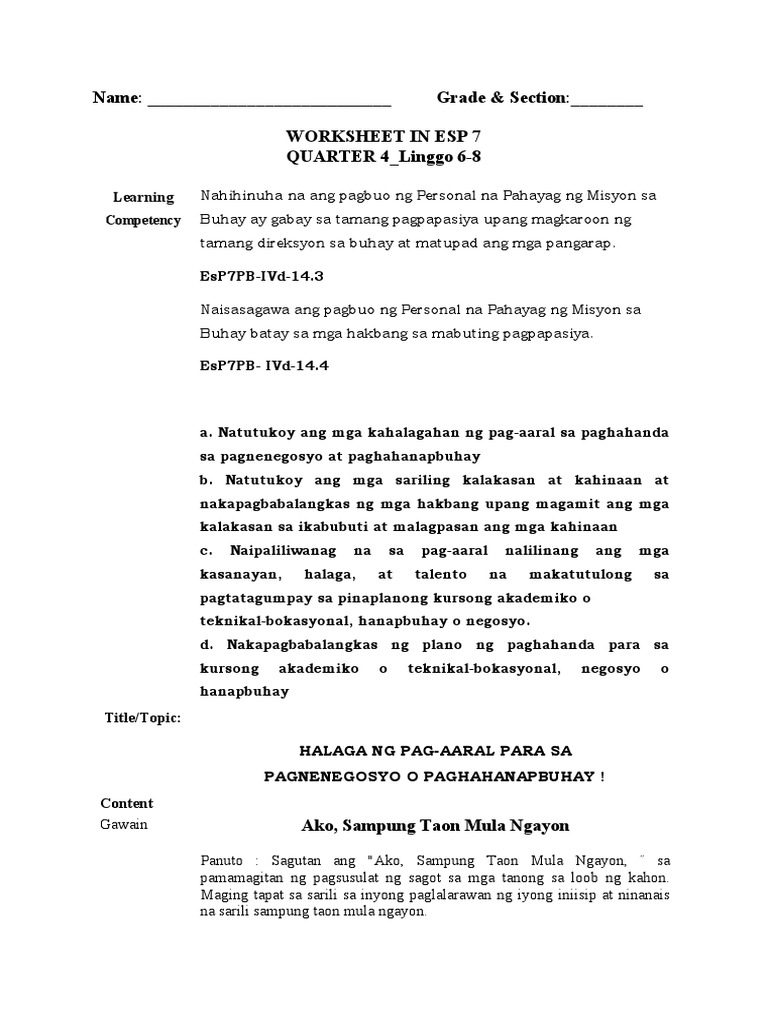 ESP Work Sheet Week6 8 | PDF