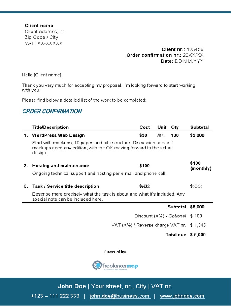 Freelancer Order Confirmation Template Sample Word | PDF