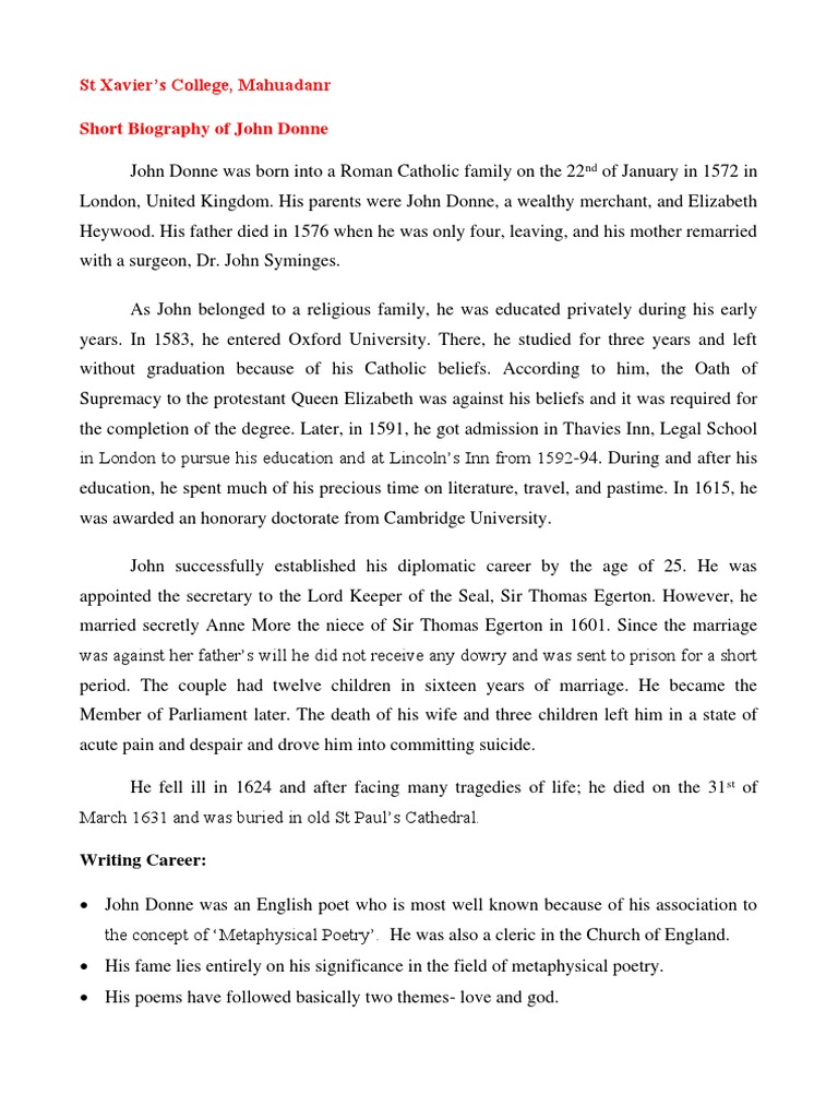 Short Biography of John Donne | PDF | Poetry