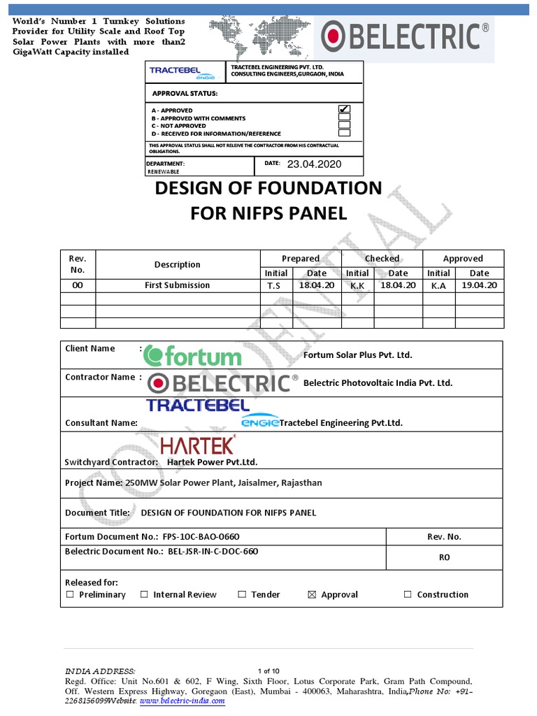Design of Foundation For Nifps Panel: Approval Status: Approval Status ...