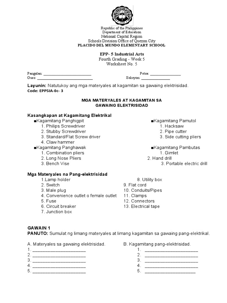 4th Quarter EPP Week 5 Worksheets No. 5 ORPEO | PDF