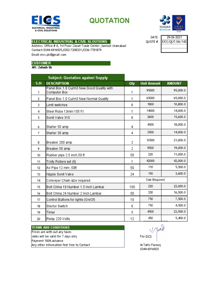 Quotation for Supply of Electrical, Industrial and Civil Equipment and ...