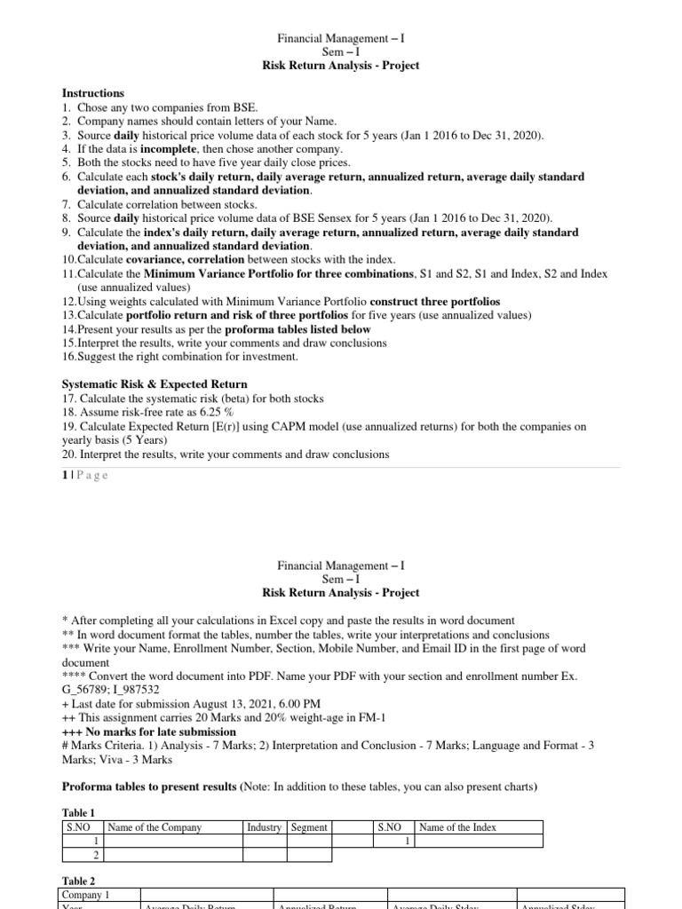 FM-I Risk Return Analysis Project Assignment | PDF | Modern Portfolio ...