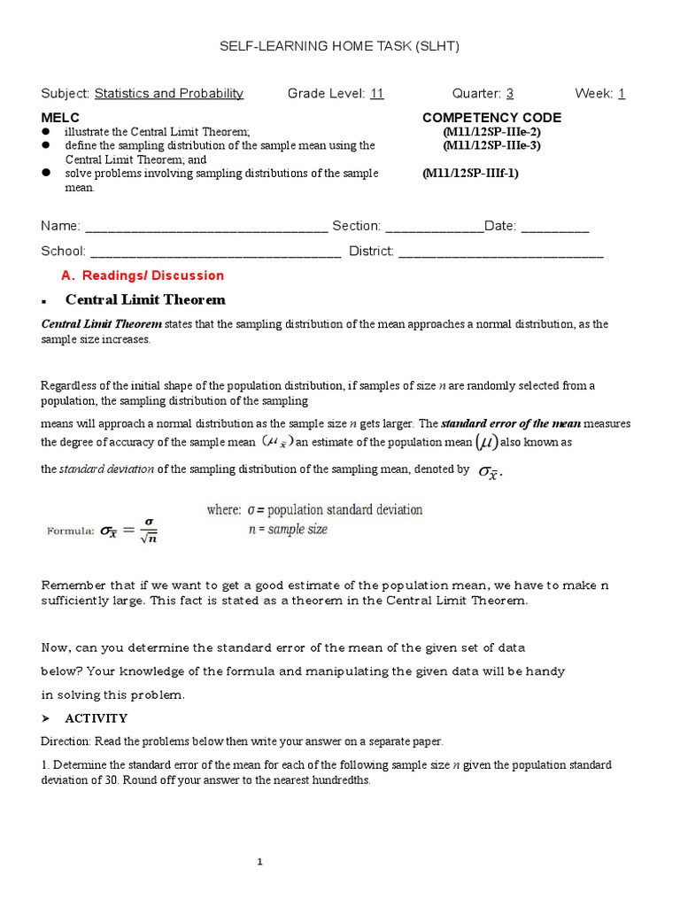 Central Limit Theorem: Melc Competency Code | PDF | Mean | Normal ...