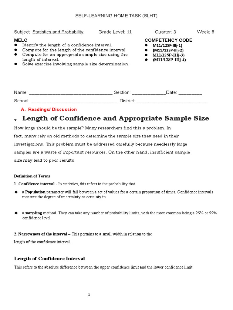 Length of Confidence and Appropriate Sample Size: Melc Competency Code | PDF | Confidence ...