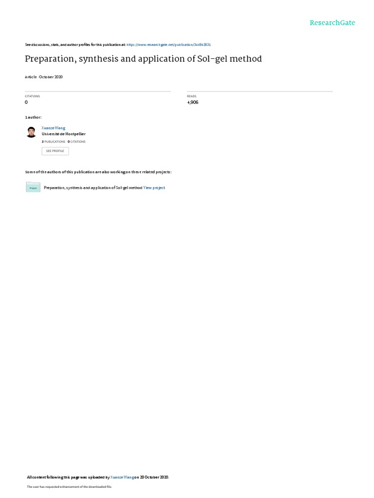 Preparation, Synthesis and Application of Sol-Gel Method: October 2020 ...