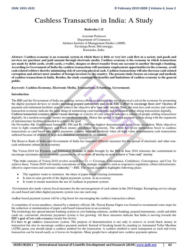 Cashless Transaction in India A Study | PDF | Debit Card | Cash