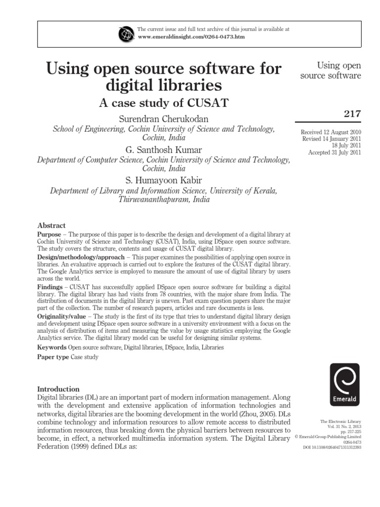 Using Open Source Software For Digital Libraries: A Case Study of CUSAT | PDF | Digital Library ...
