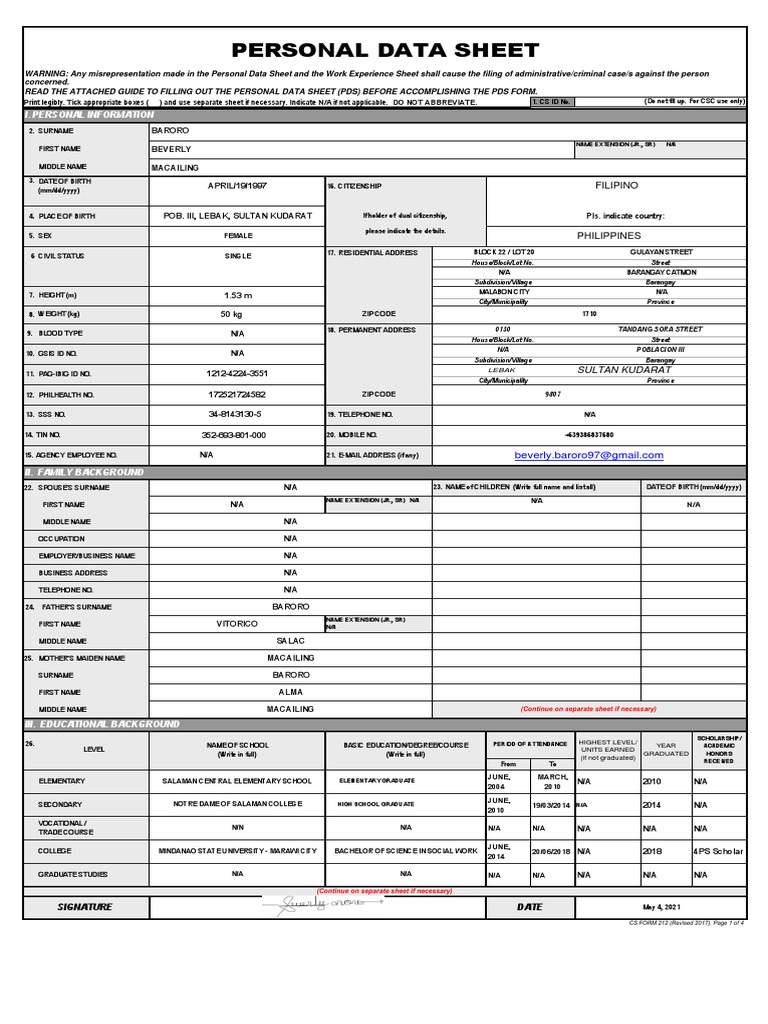 Personal Data Sheet: Filipino | PDF | Social Work | Crime & Violence