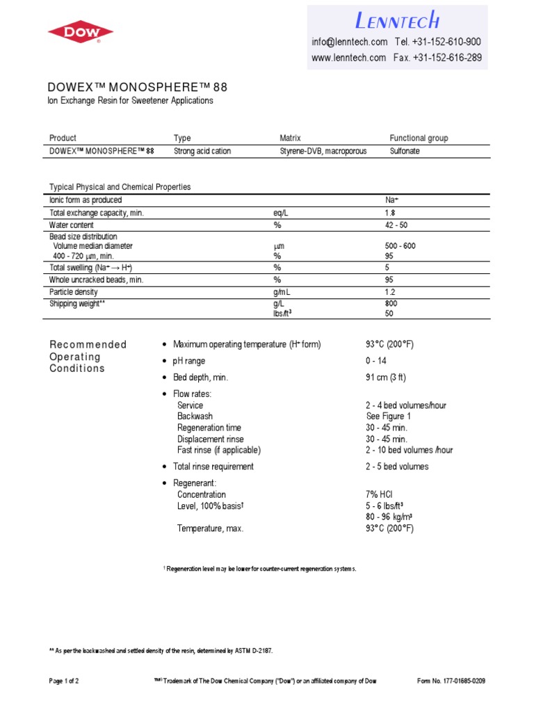 Dowex™ Monosphere™ 88: Product Type Matrix Functional Group | Download ...
