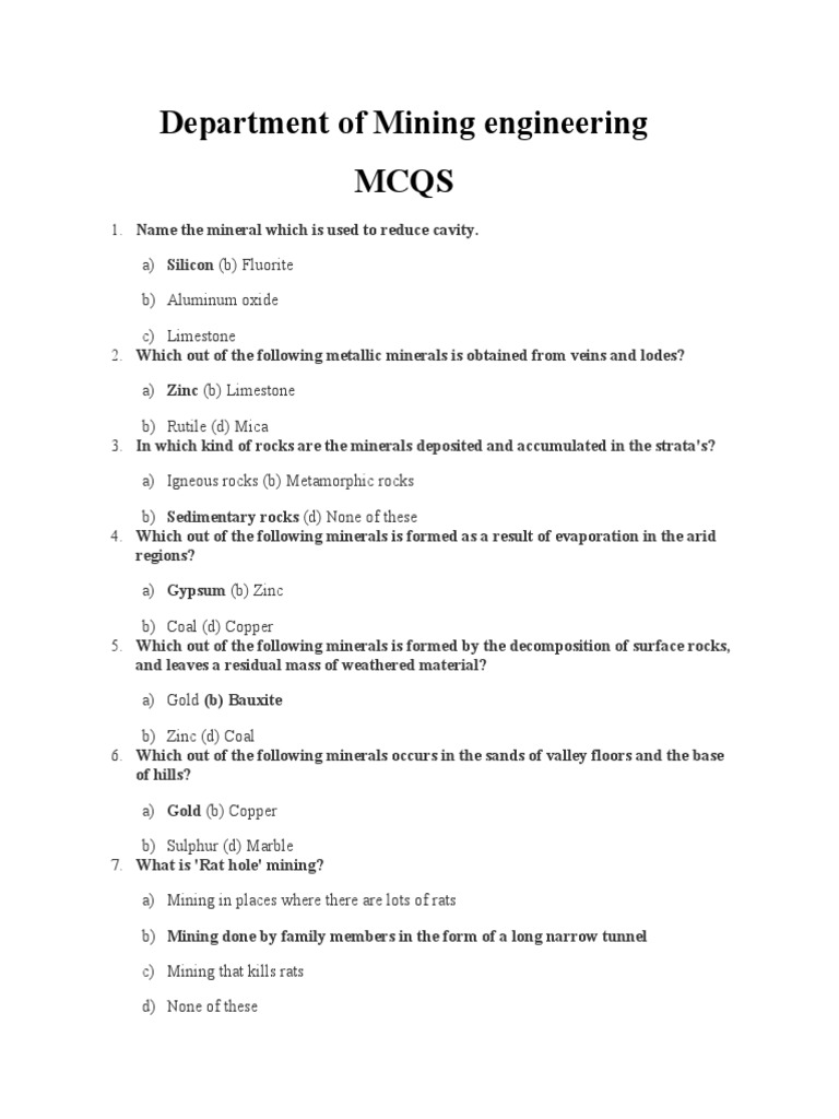 Mining MCQS | PDF | Rock (Geology) | Mining