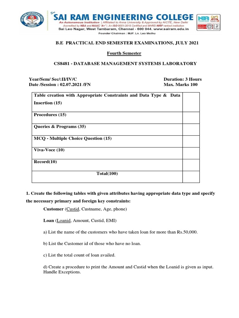 Cs8481-Dbms FN Set1 | Download Free PDF | Sql | Table (Database)
