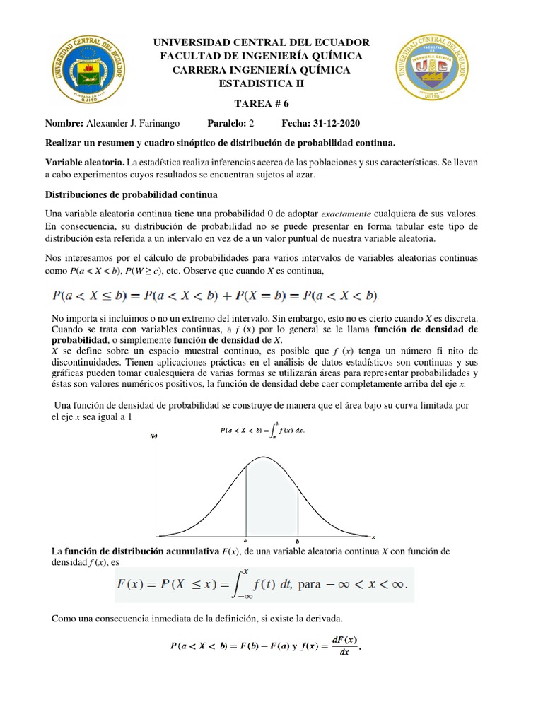 Tarea6 RESUMEN Y CUADRO SINOPTICO de Distribuciones de Probabilidad Continua | PDF | Variable ...