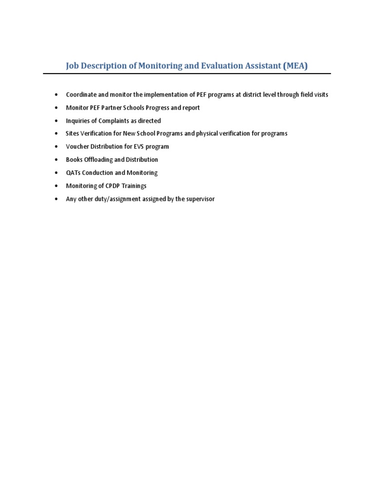 Monitoring and Evaluation Assistant Role | PDF