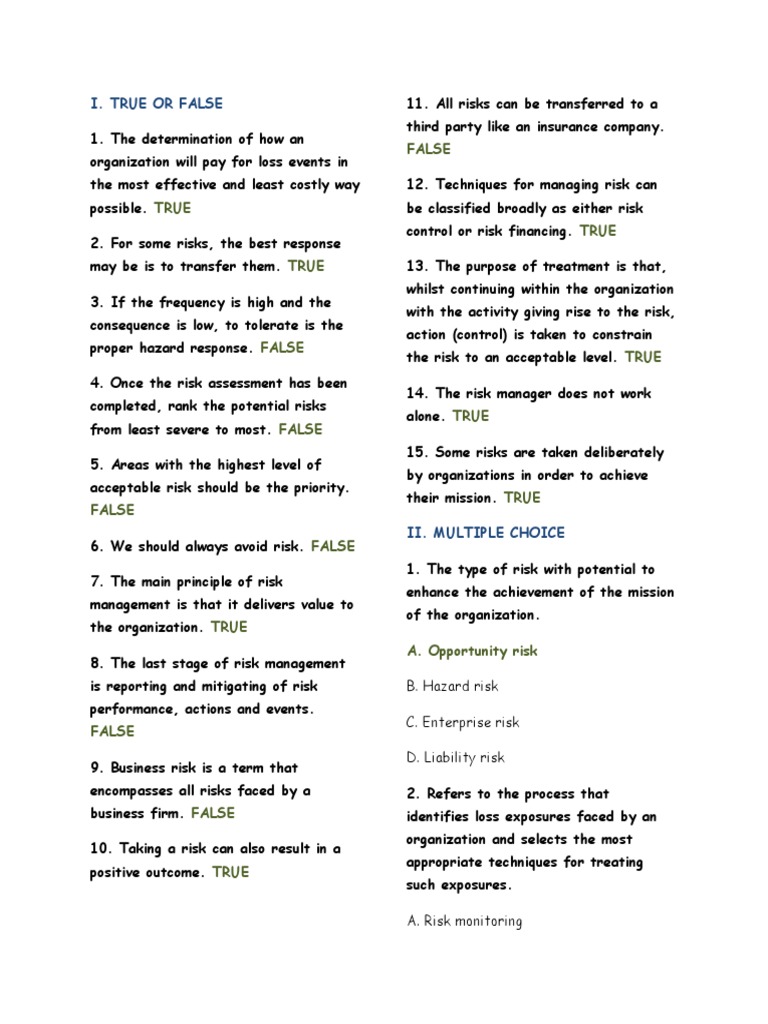 False: I. True or False | PDF | Risk | Risk Management