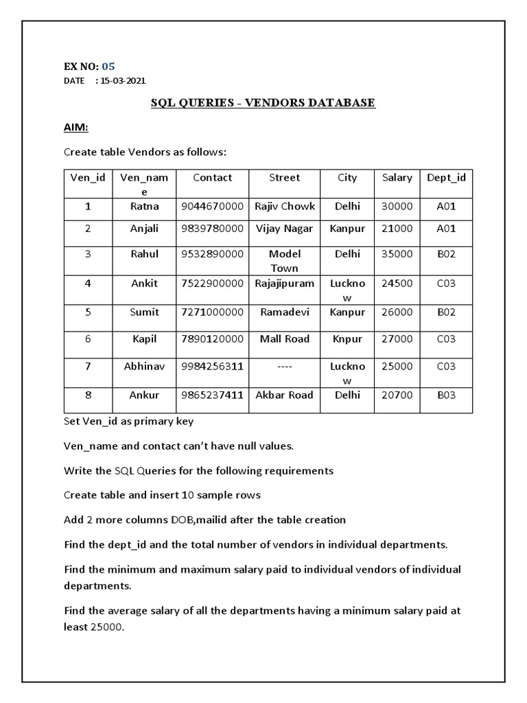 SQL Queries - Vendors Database Aim:: Ex No | PDF | Databases | Data Model