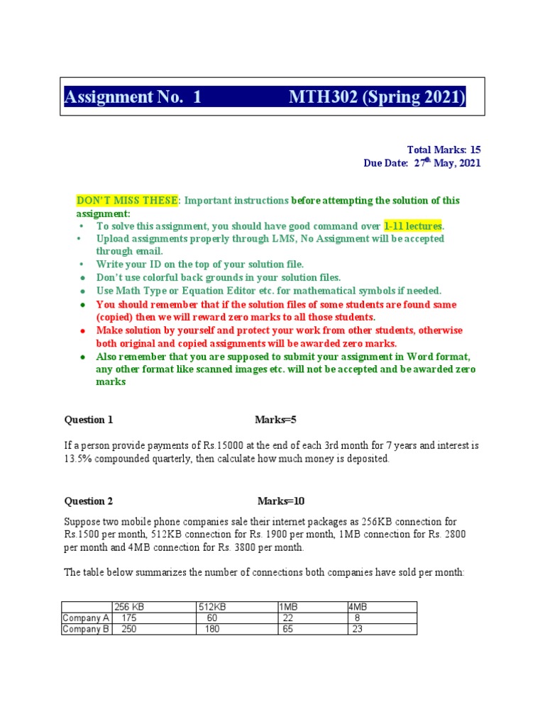 Assignment No. 1 MTH302 (Spring 2021) : Before Attempting The Solution of This Assignment | PDF