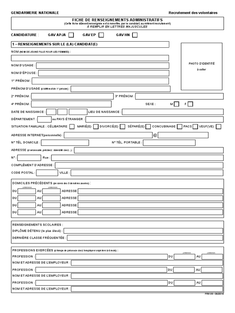 Fiche de Renseignements Administratifs: Gendarmerie Nationale ...