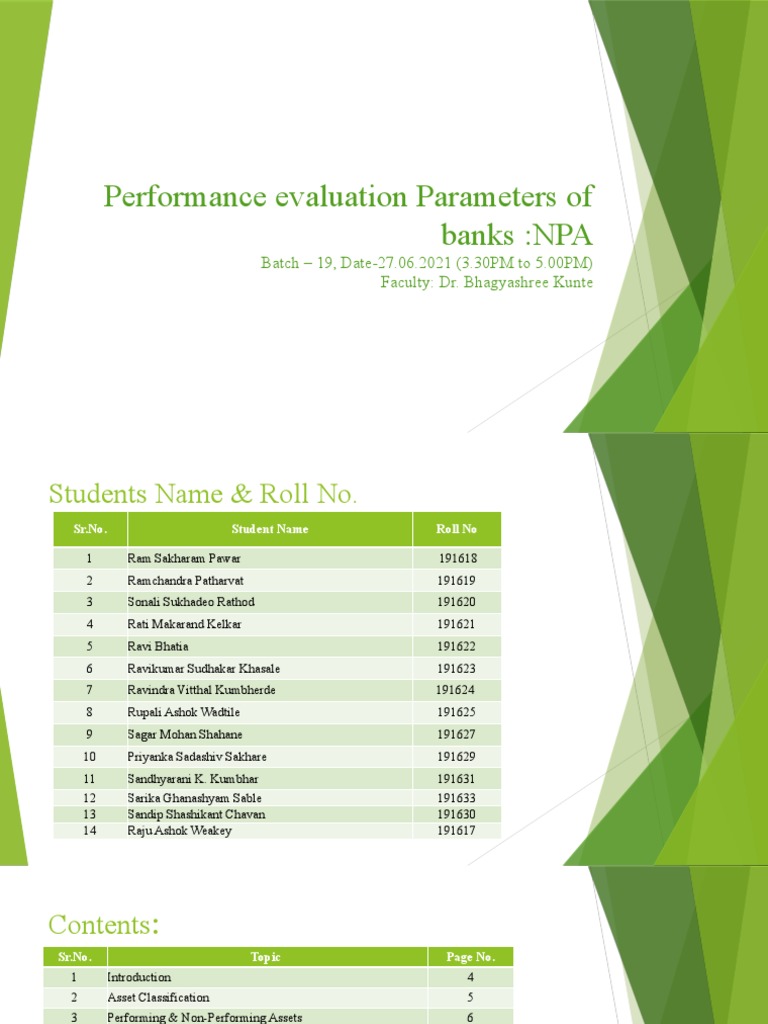 Performance Evaluation Parameters of Banks - NPA - Final | PDF | Credit ...