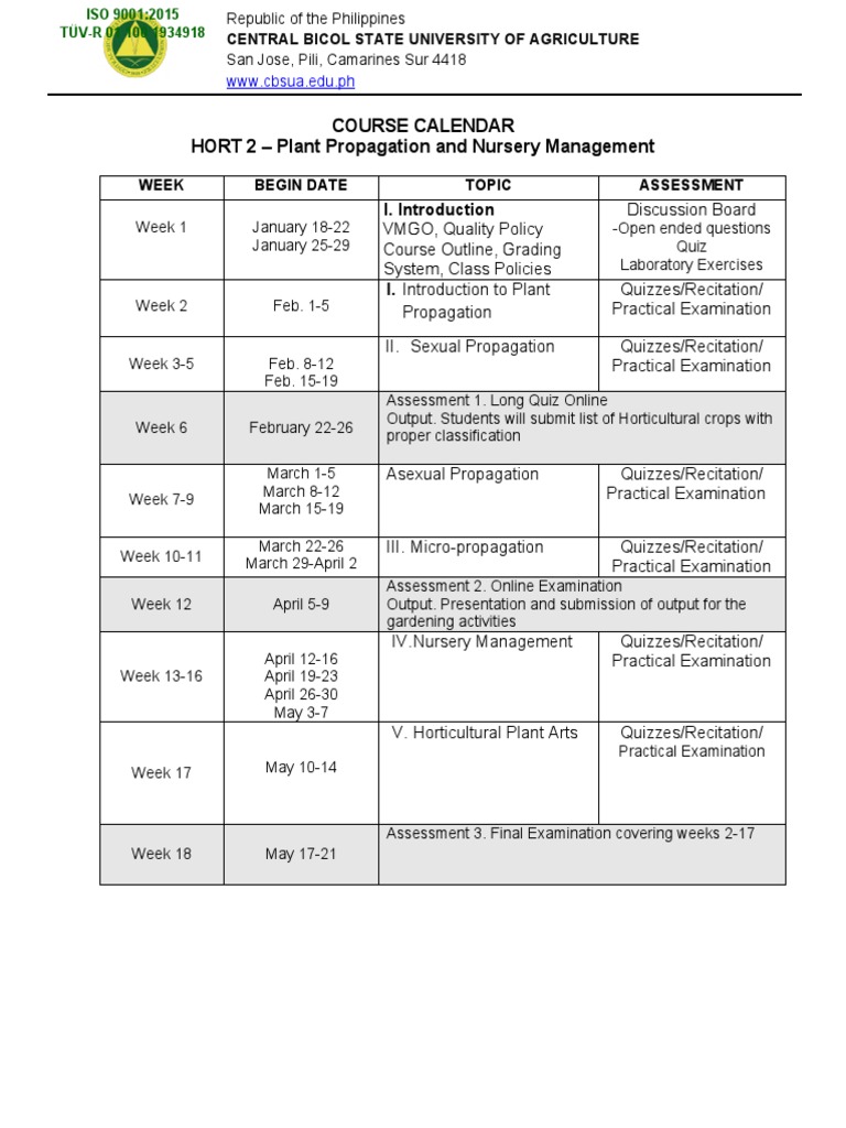 Course Calendar HORT 2 - Plant Propagation and Nursery Management | PDF ...