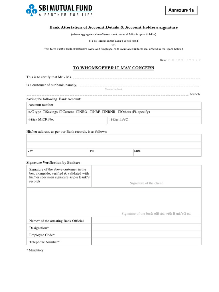 SBI Bank Attestation Form for Mutual Funds | PDF