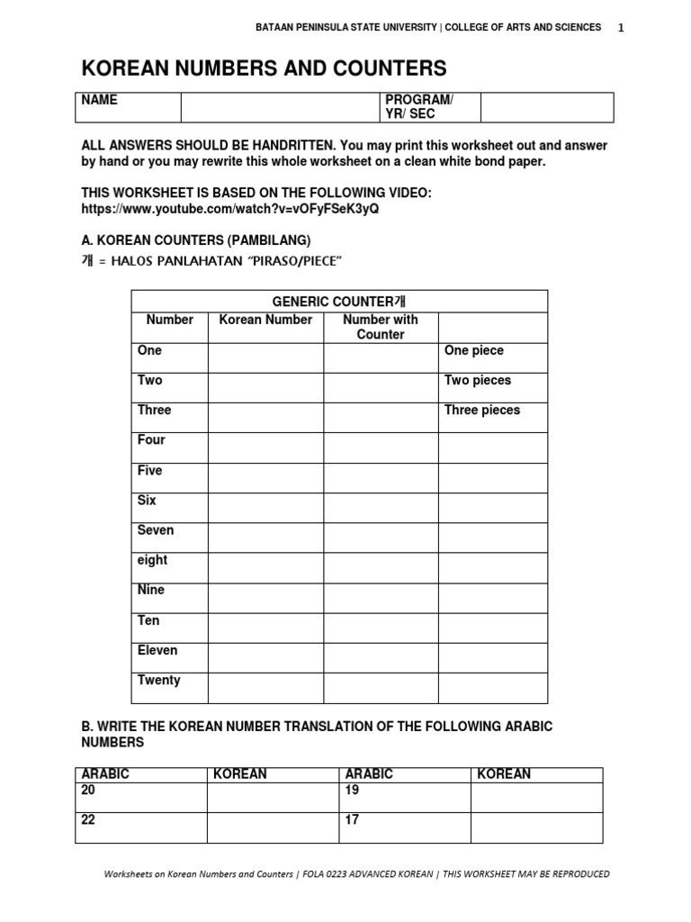 Korean Numbers and Counters Worksheets FINAL | PDF