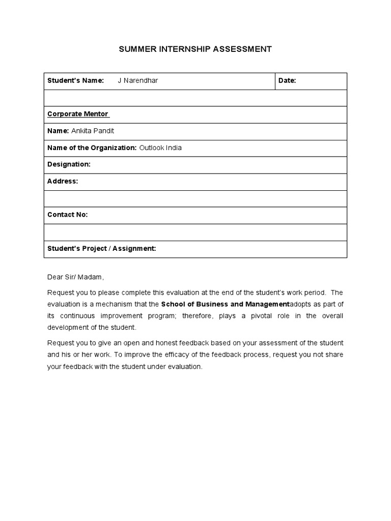 Summer Internship Evaluation Form | PDF | Mentorship | Behavior ...