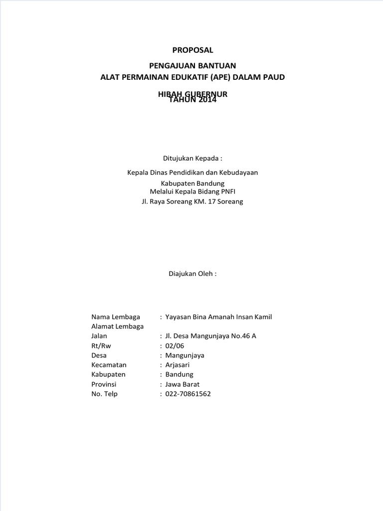 Proposal Permohonan Bantuan Ape Dalam Paud Tahun 2014 | PDF