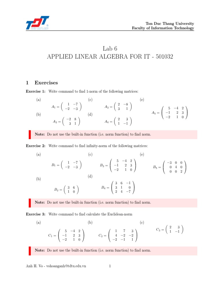 Lab 6 Applied Linear Algebra For It - 501032: 1 Exercises | PDF | Norm ...