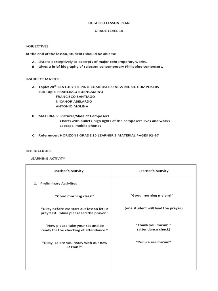 DETAILED LESSON PLAN Mapeh10 | PDF | Composers | Performing Arts