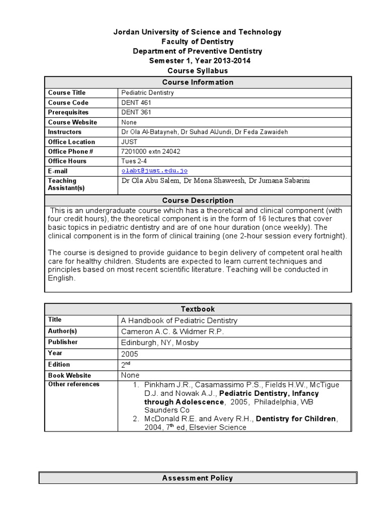 Dent 461 2013-14 Syllabus | PDF | Dentistry | Mouth
