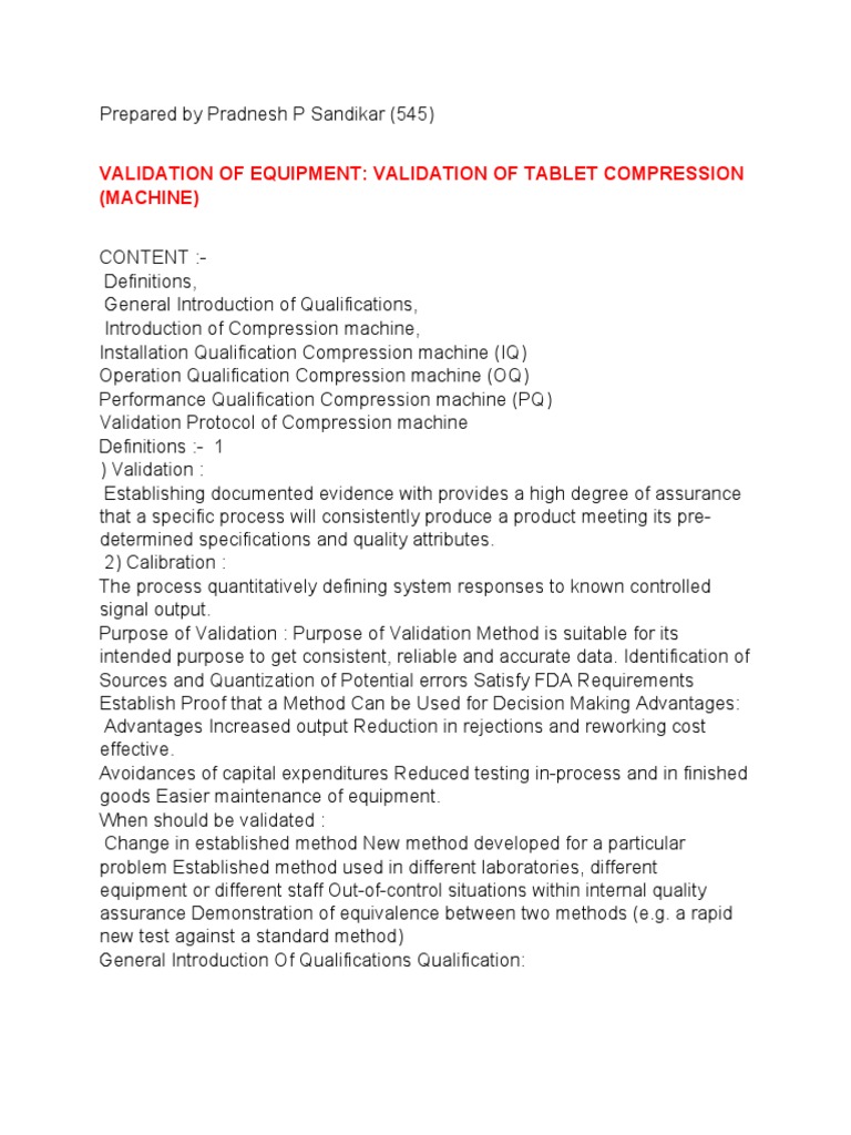 Validation of Equipment: Validation of Tablet Compression (Machine ...