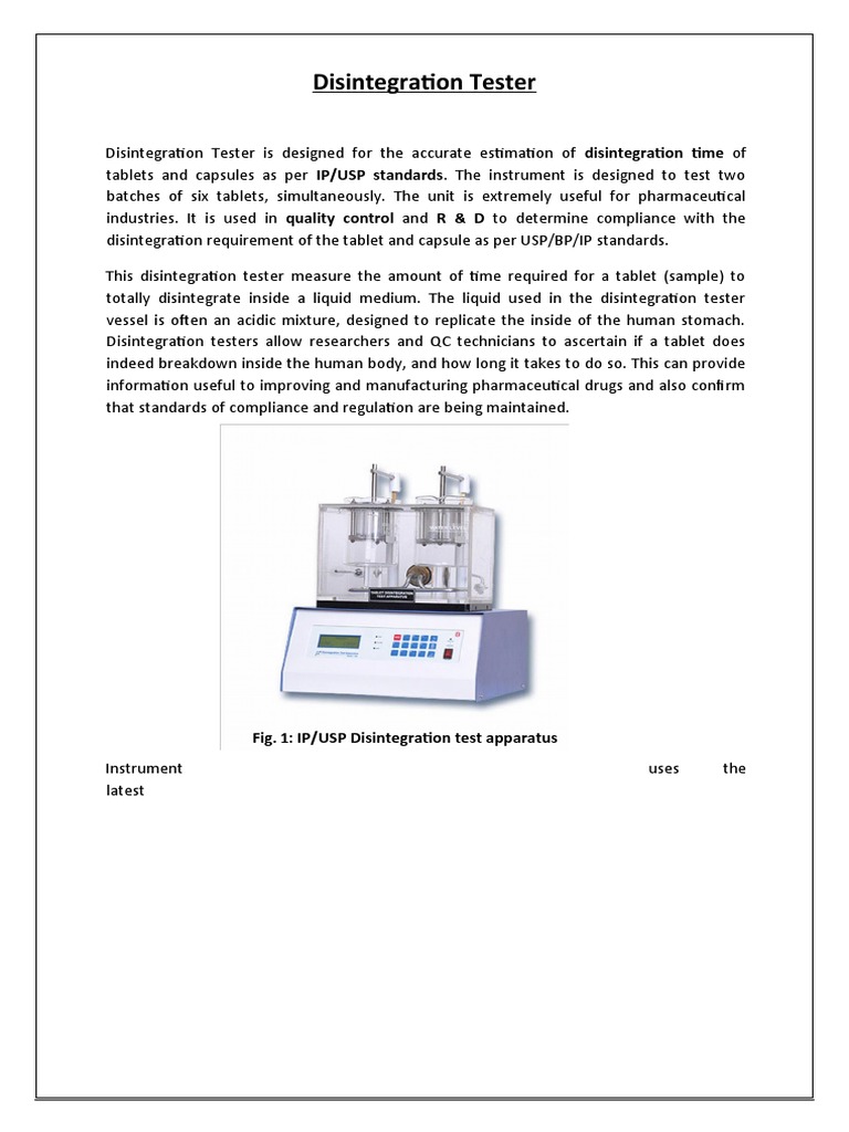 Disintegration Tester: Fig. 1: IP/USP Disintegration Test Apparatus ...