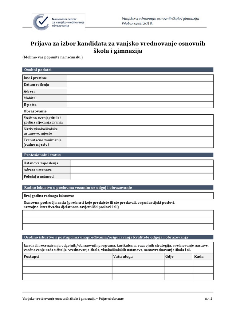 Obrazac Za Prijavu | PDF