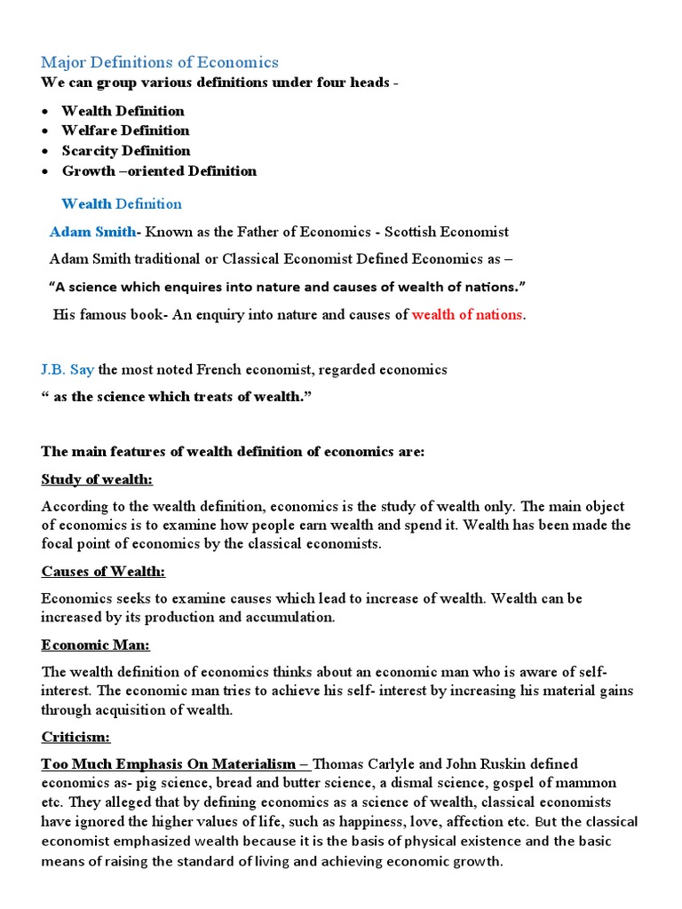 Major Definitions of Economics | PDF | Wealth | Economics