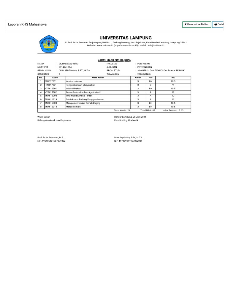 Laporan KHS Mahasiswa | PDF
