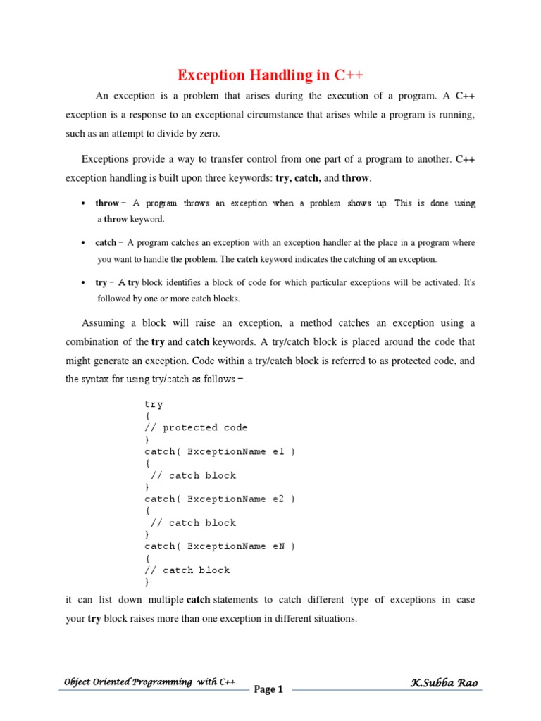 Exception Handling in C++ | PDF | C++ | Method (Computer Programming)